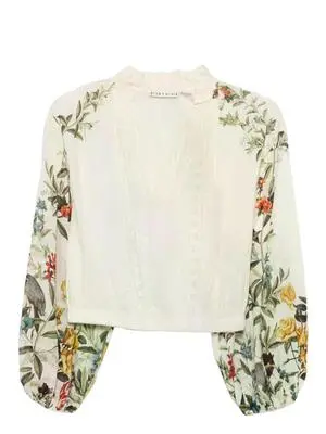 Alice + Olivia Floral Print Lace Trim Cropped Top - White
