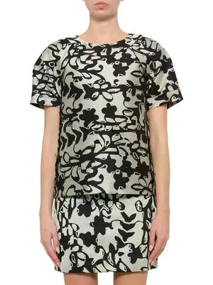 LANVIN Abstract Print Round Neck Short Sleeve Top - Neutrals