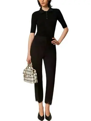TWINSET Straight Trousers With Broderie Anglaise Detail - Black
