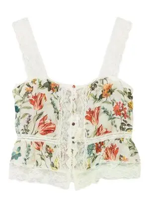 Alice + Olivia Floral Print Lace Trim Top - White