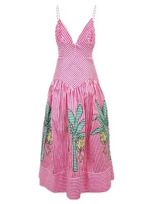 Farm Rio FARM Rio Palm Tree Embroidered Striped Midi Dress Pink
