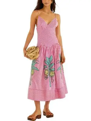 Farm Rio FARM Rio Palm Tree Embroidered Striped Midi Dress Pink