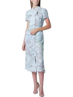 SELF-PORTRAIT Guipure Lace Tie-neck Midi Dress - Blue