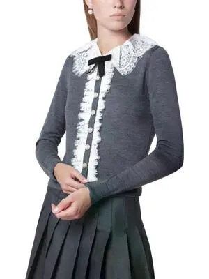 SELF-PORTRAIT Lace Collar Ruffled Cardigan - Grey