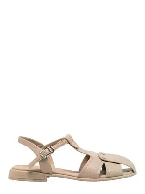 SERGIO MORETTI FIRENZE Pebbled Leather T-bar Sandals With Ankle Strap - Neutrals