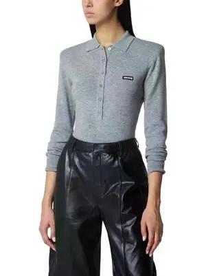 ROTATE BY BIRGER CHRISTENSEN Long Sleeve Polo Shirt With Logo Patch - Grey