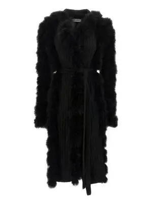 Attico Belted Feather-effect Knit Coat - Black