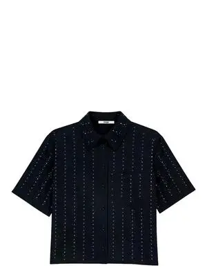 Maje Cropped Rhinestone Cotton Shirt - Black