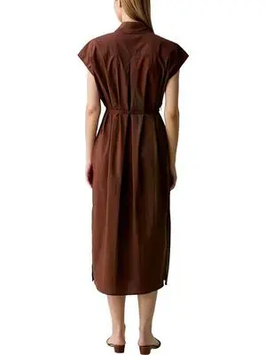 BENETTON Sleeveless Midi Shirt Dress With Tie Belt - Brown