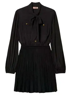 TWINSET Short Dress With Knitted Skirt And Pussy Bow Neck - Black
