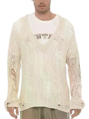RAMAEL Openwork Distressed Knit V-neck Sweater - Neutrals