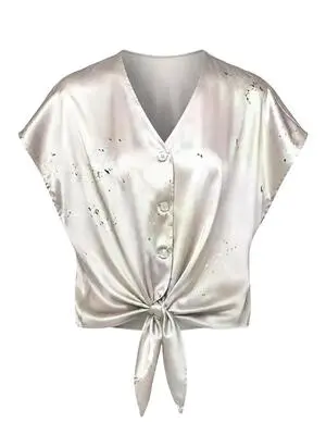 MAX & MOI MAX ET MOI Taupe Beige Satin Paint-Splatter Tie-Front Shirt
