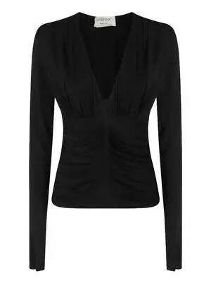 Sportmax Ruched V-neck Long Sleeve Top - Black