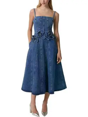 AKNVAS Eryn Floral Appliqué Denim Midi Dress - Blue
