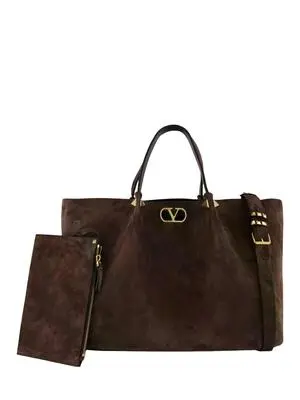 Valentino Garavani Large Shopping Bag In Soft Suede With Maxi Studs - Brown