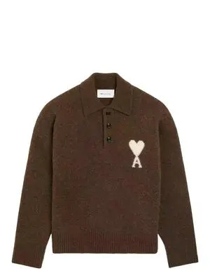 AMI Paris Alpaca Polo With De Coeur Motif - Brown