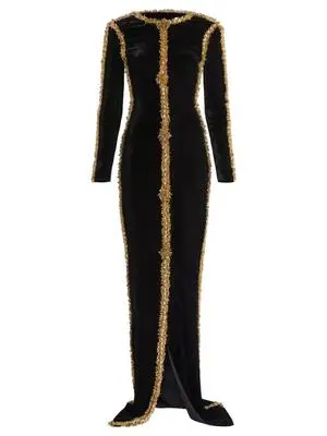 Balmain Long Velvet Dress With Embroidered Trim - Black