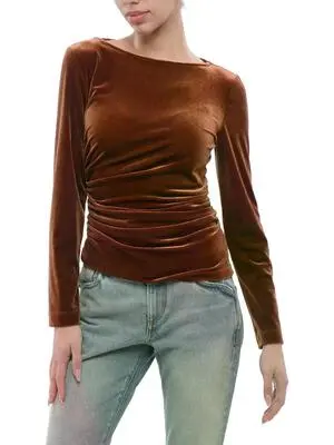 STEPHAN JANSON Draped Velvet-effect Long-sleeve T-shirt - Brown