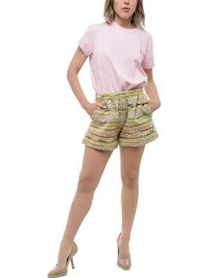 OBLÒ UNIQUE Textured Stripe Mini Shorts With Fringed Hem - Neutrals
