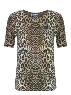 GANNI Leopard Print Logo Patch T-shirt - Neutrals