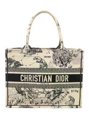 Dior Christian Dior Medium Canvas Embroidered Zodiac Toile De Jouy Book Tote Bag White