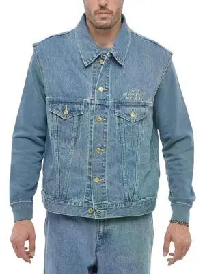 J.PRESS Embroidered Logo Sleeveless Denim Jacket - Blue