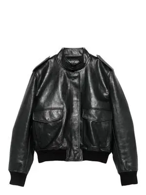 TOM FORD Epaulette Detail Leather Bomber Jacket - Black