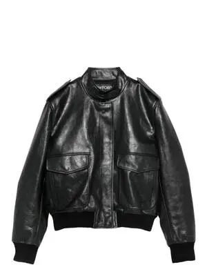 TOM FORD Epaulette Detail Leather Bomber Jacket - Black