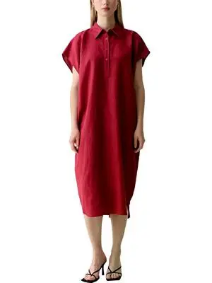 BENETTON Short Sleeve Shirt Midi Dress - Red
