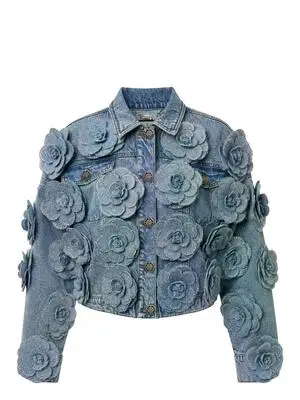 Philipp Plein Cropped Denim Jacket All-over Roses - Blue