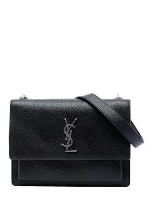 Saint Laurent Medium Grained Calfskin Monogram Sunset Crossbody Bag - Black