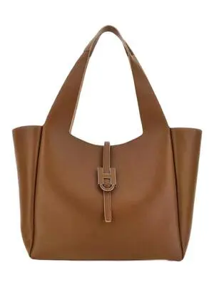 Hogan Hogan Logo Plaque Leather Tote Bag Brown