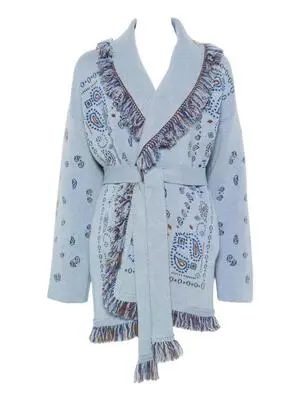 Alanui Paisley Intarsia Knit Cardigan With Fringe Trim - Blue