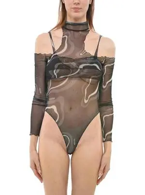 JULFER Sheer Abstract Print Cold-shoulder Bodysuit - Grey
