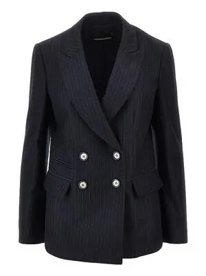 Emporio Armani Pinstriped Wool-blend Double-breasted Jacket - Blue