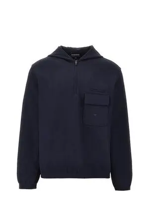 Emporio Armani Piquet Jersey Hoodie With Embroidered Eagle Logo - Blue
