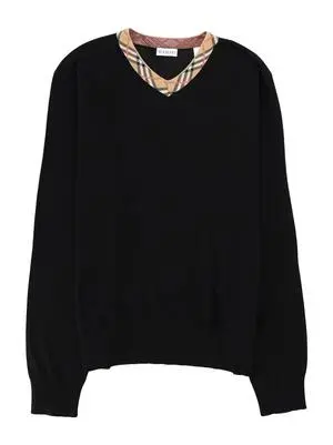 Burberry Merino Wool V-neck Sweater With Check Detail - Black