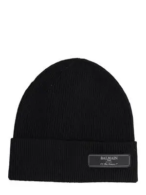 Balmain Wool Beanie With Logo Patch - Black