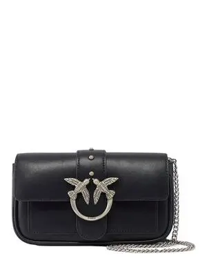 Pinko Love Bag One Mini Leather Crossbody Bag With Love Birds Logo - Black