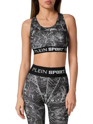 PLEIN SPORT Cropped Tropical Print Jersey Sports Top With Criss-cross Straps - Black