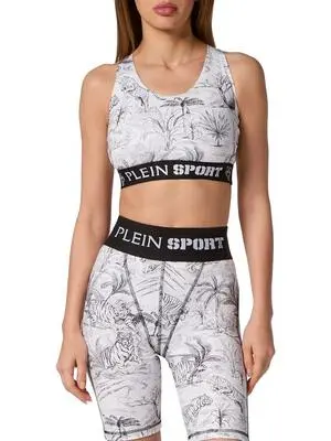 PLEIN SPORT Cropped Tropical Print Jersey Sports Top With Criss-cross Straps - White