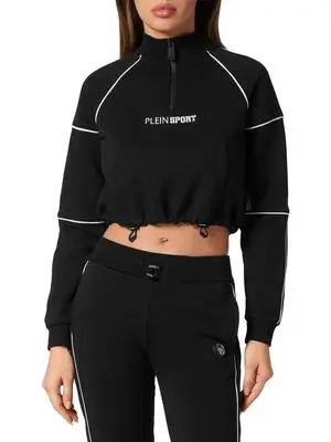 PLEIN SPORT Cropped Zip-up Jersey Sweatshirt With Funnel Neck And Drawstring Hem - Black