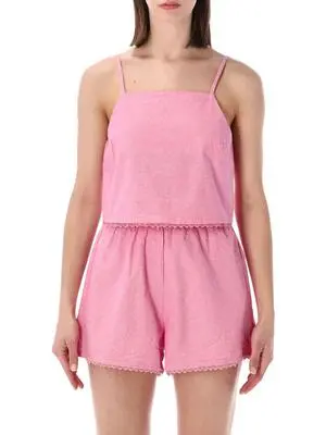 American Vintage Square Neck Cotton Top With Thin Straps - Pink