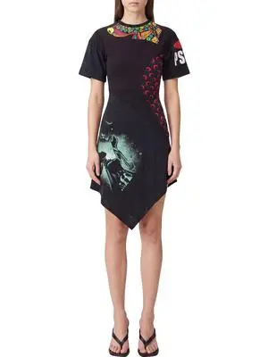 MARINE SERRE Asymmetric Crescent Moon Print Cotton Midi Dress - Black