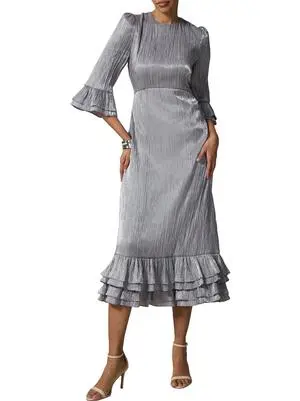 Mint Velvet Metallic Ruffle Sleeve Midi Dress - Silver