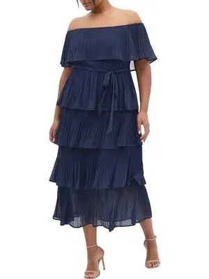 City Chic Pleated Tiered Maxi Dress - Navy