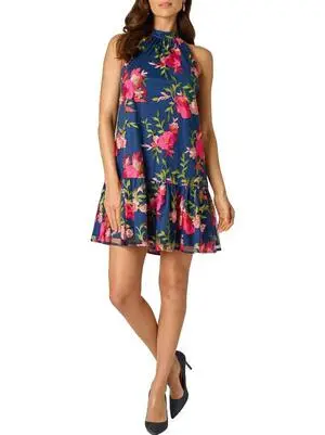 Adrianna Papell Embroidered Floral Mock Neck Mini Dress - Navy/pink Multi