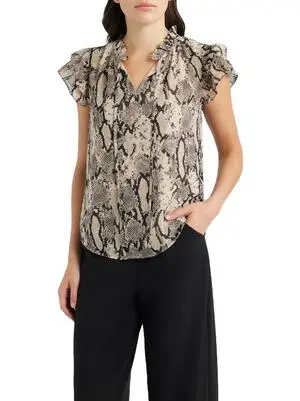 Anne Klein Snake Print Ruffled Sleeve Tie Neck Blouse - Latte Multi