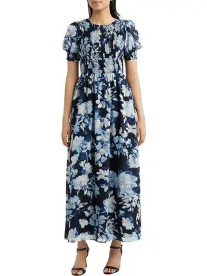 Anne Klein Smocked Puff Sleeve Maxi Dress - Dutch Blue Multi