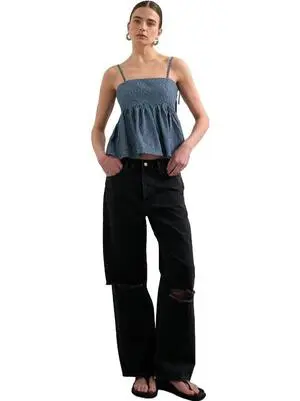 Topshop Pinstripe Denim Strappy Cami With Gathered Waist - Medium Blue